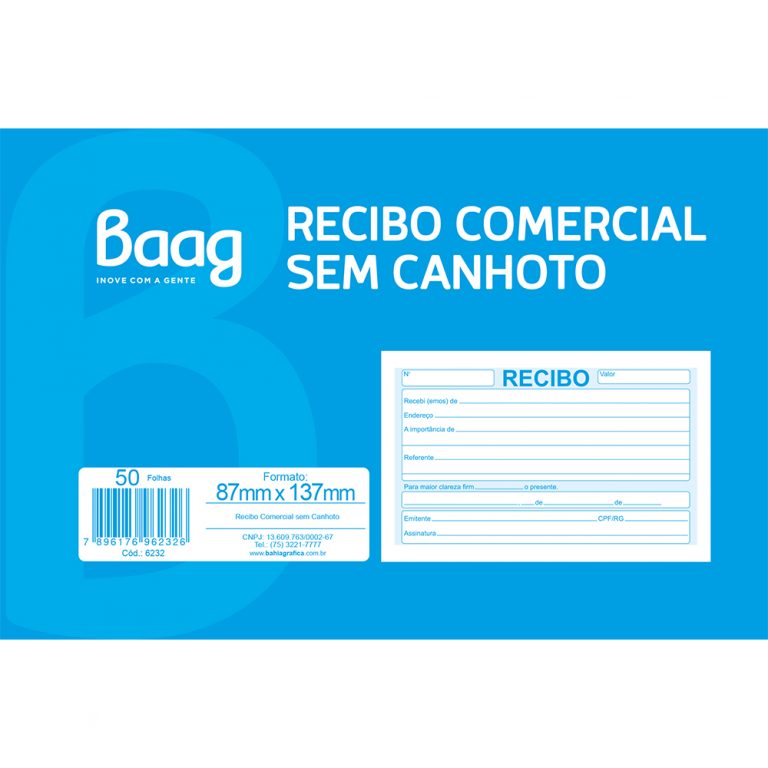RECIBO COMERCIAL SEM CANHOTO PEQUENO – 50 FOLHAS - Baag Produtos de Papelaria